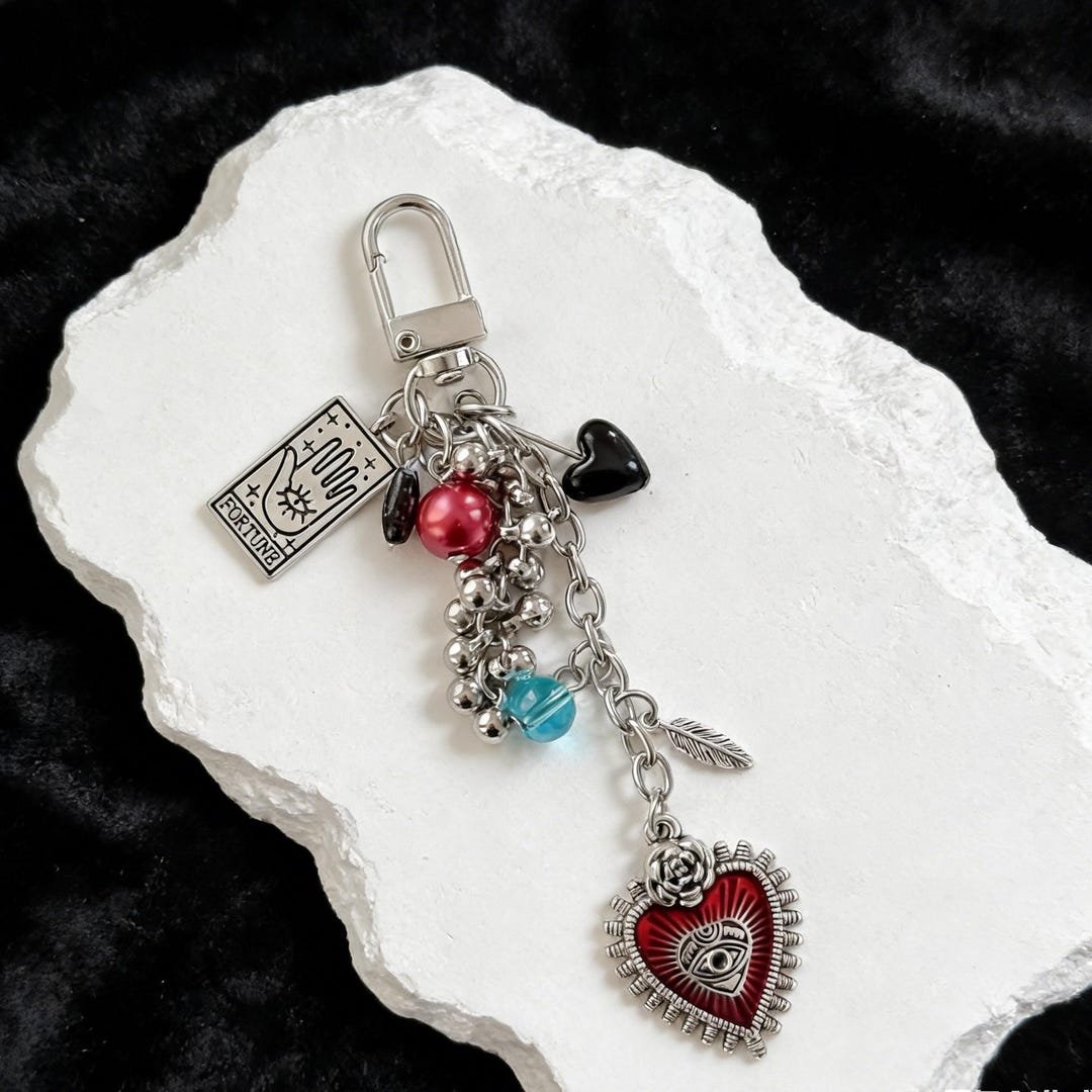 Y2K Charm Duo Set,sweet Edgy Layered Bag Charms, Gunmetal & Red Silver ...