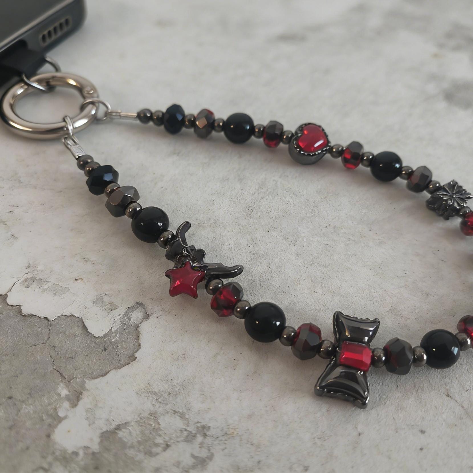 Gothic Phone Strap Red Black Crystal Beaded Wrist Lanyard Zirconia Bow ...