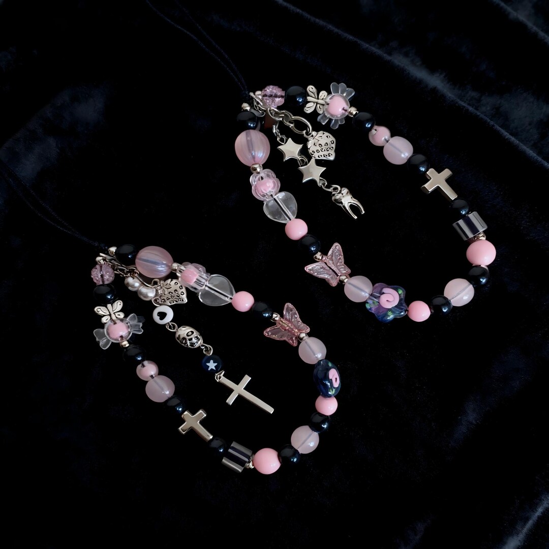 Y2K Phone Lanyard Pink Black Beaded Phone Wristlet Cute Phone Charm ...