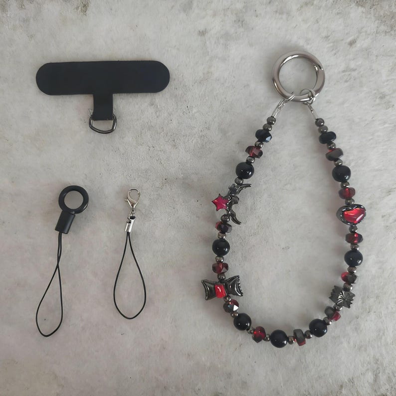 Gothic Phone Strap Red Black Crystal Beaded Wrist Lanyard Zirconia Bow ...