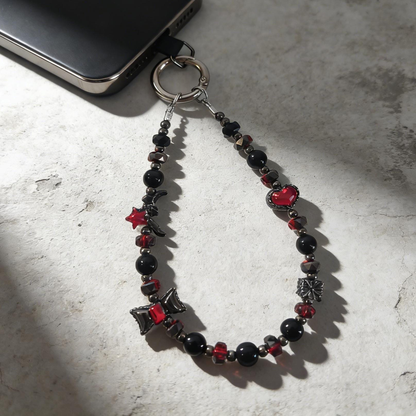 Gothic Phone Strap Red Black Crystal Beaded Wrist Lanyard Zirconia Bow ...
