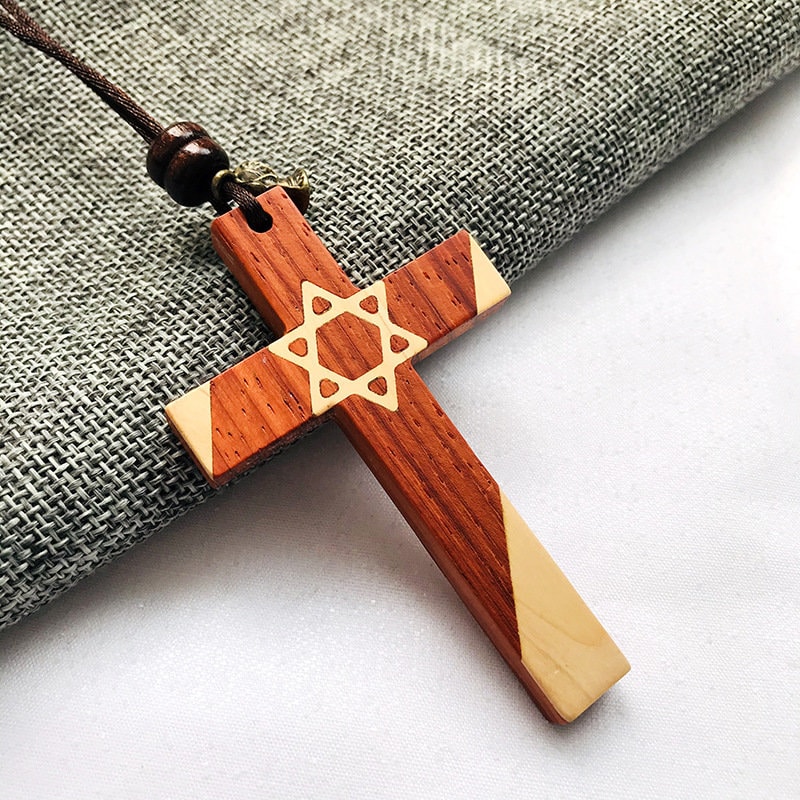 Rosewood & Cedar Cross Necklace With Star of David – Handcrafted Wooden ...