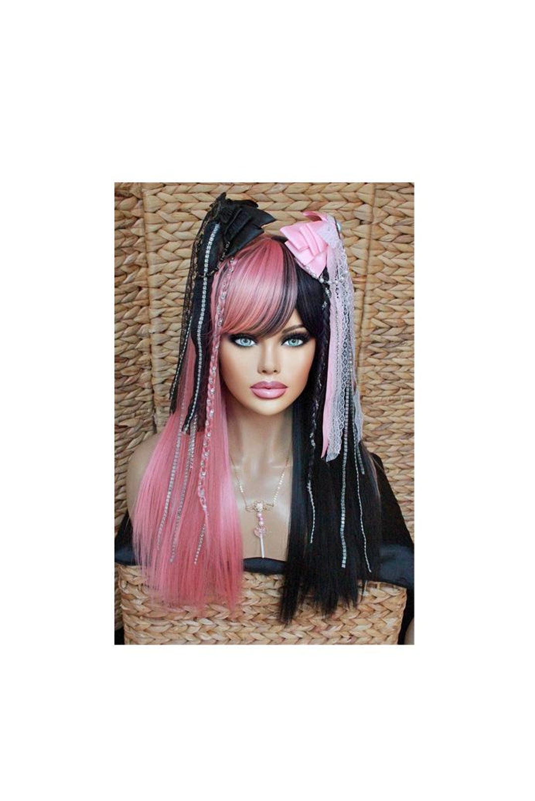 Wig Cosplay Pastel Lolita Anime Drag Pink Black Bangs Bows Colorblock ...