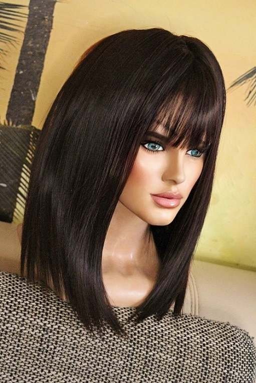 Toupee Women's Toupee Topper Clip in Hairpiece Bangs Brown Dark Brown ...