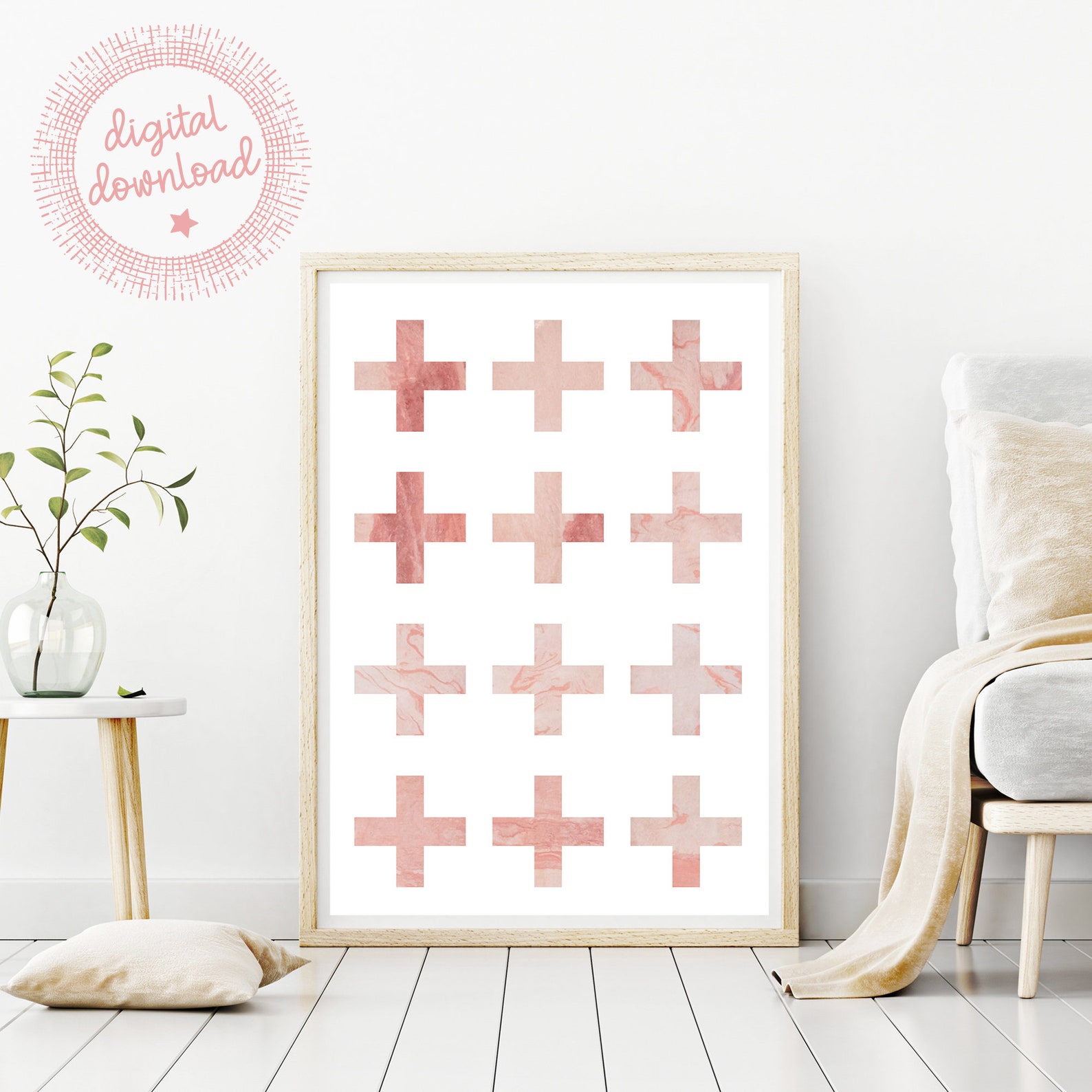 Pink Plus Sign Print, Pink Cross X Digital Download, Marble Texture ...