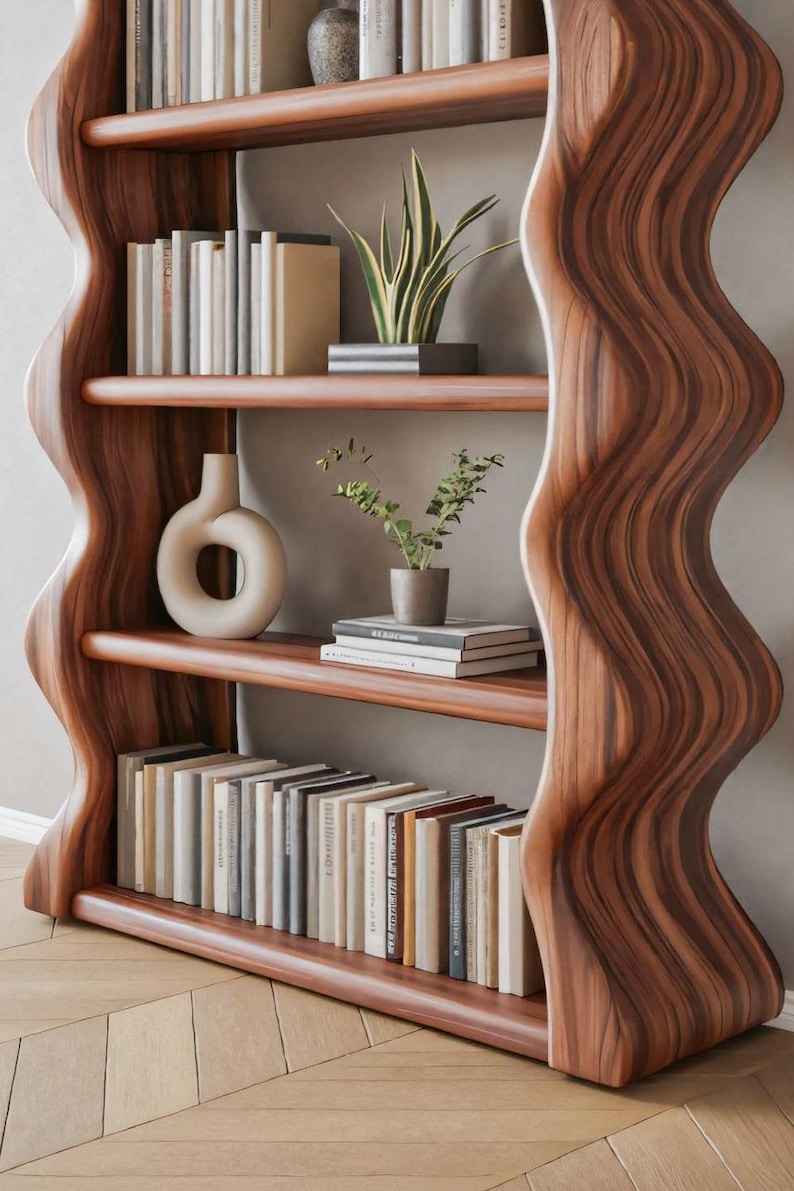 Modern Wave Sculptural Wooden Bookshelf Artistic Wavy Edge Bookcase for ...