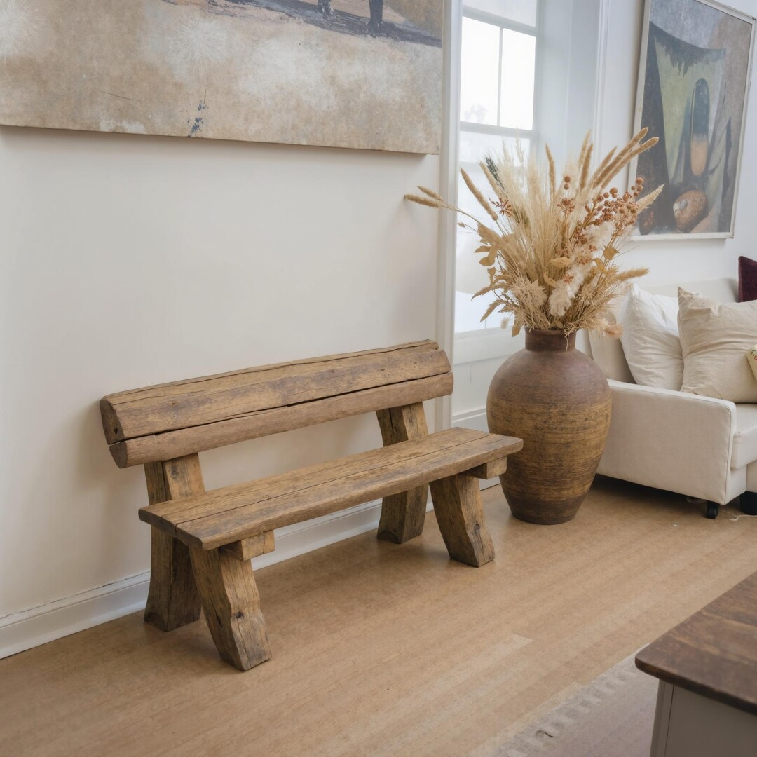 Rustic Wooden Bench With Backrest - Handmade Solid Wood Seat for Home ...