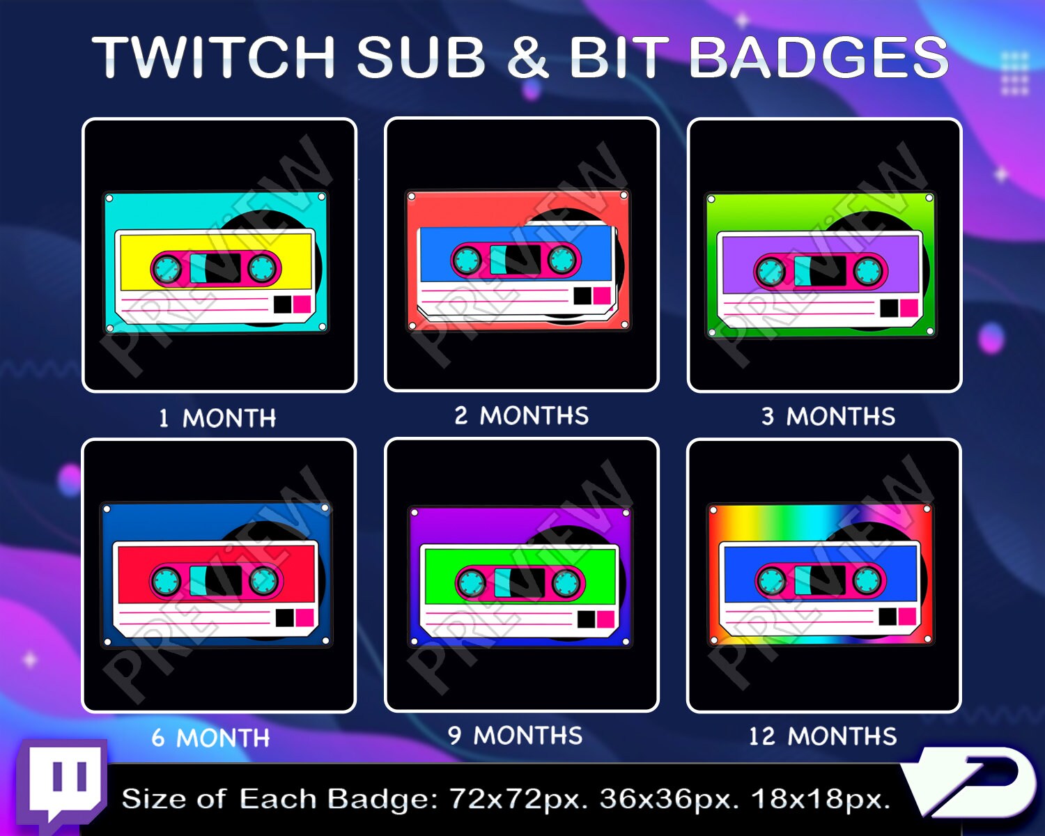 Cassette Tape Sub Badges Twitch Kick Retro Subscribers Loyalty Sub Bit ...