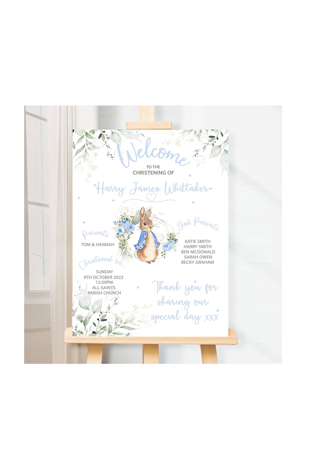 Blue Peter Rabbit Christening Welcome Sign Christening Decoration Boys ...