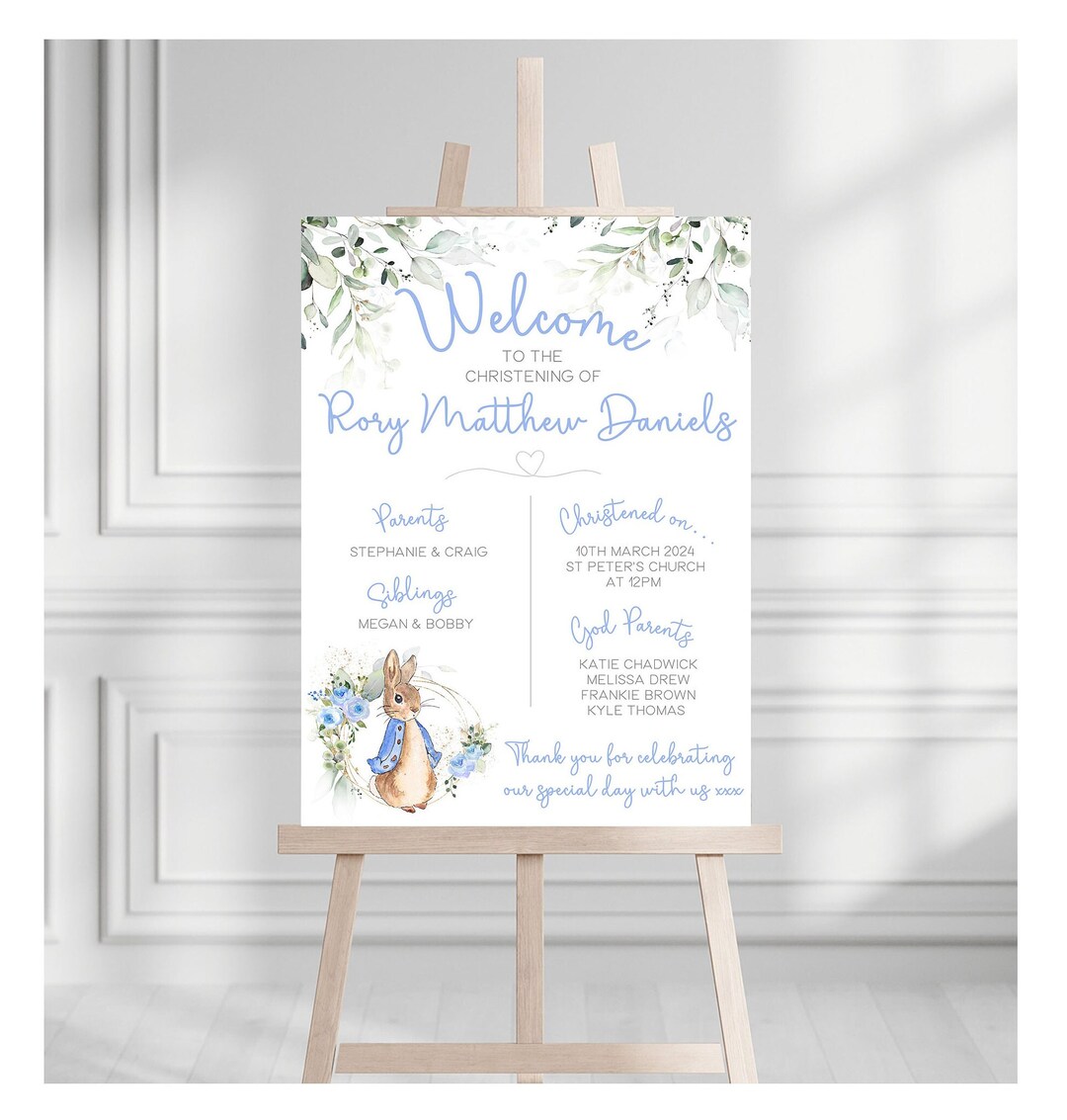Blue Peter Rabbit Christening Welcome Sign | Christening Decoration ...