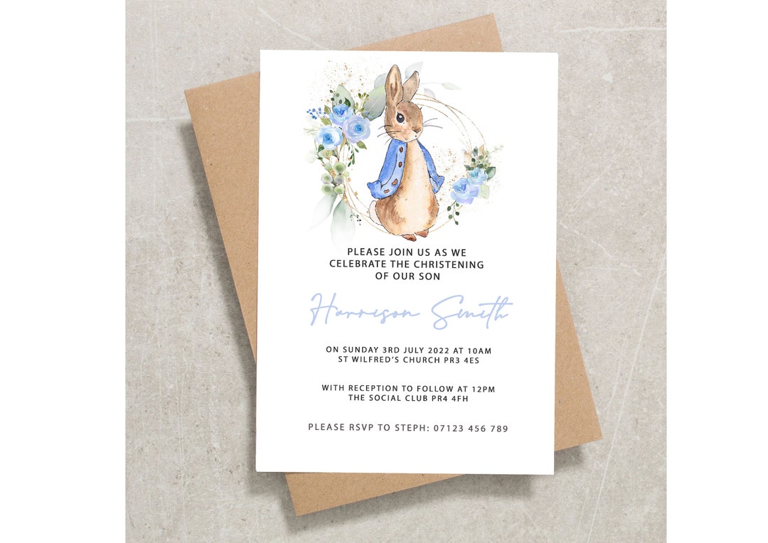 Peter Rabbit Bunny Christening Invitation | Printed Baptism Invites ...