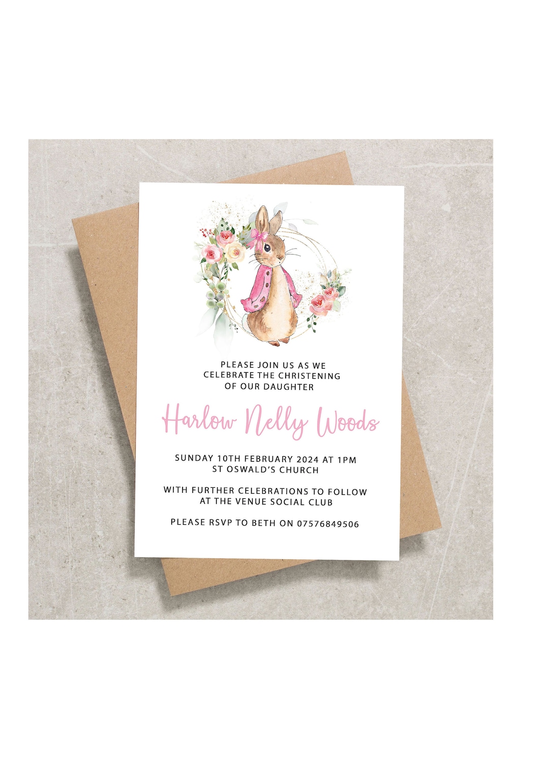 Peter Rabbit Flopsy Bunny Christening Invitation Printed Baptism ...