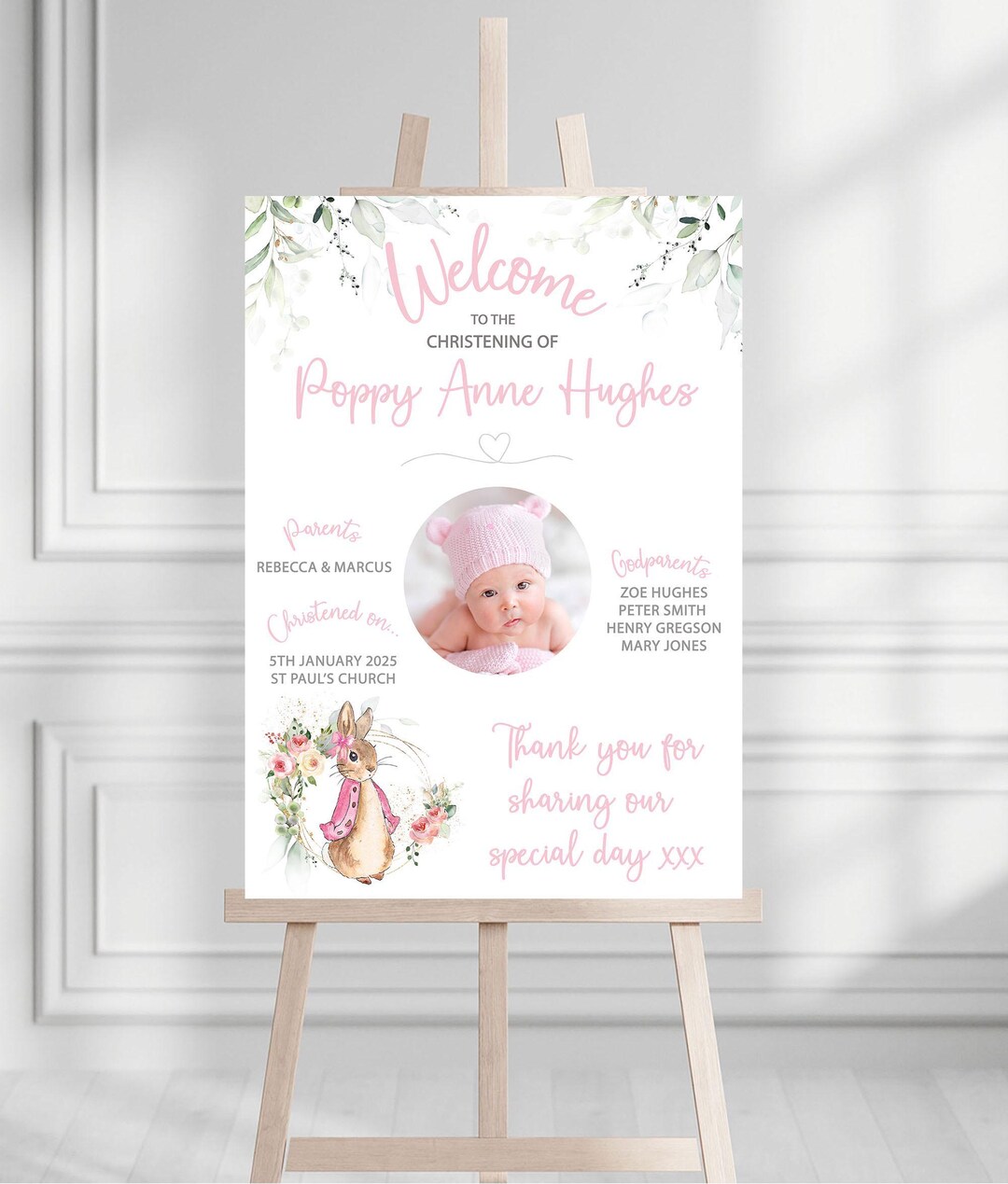 Flopsy Bunny Christening Welcome Sign | Personalised Pink Peter Rabbit ...