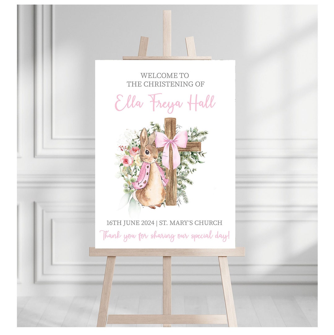 Flopsy Bunny Christening Welcome Sign Personalised Pink Peter Rabbit ...