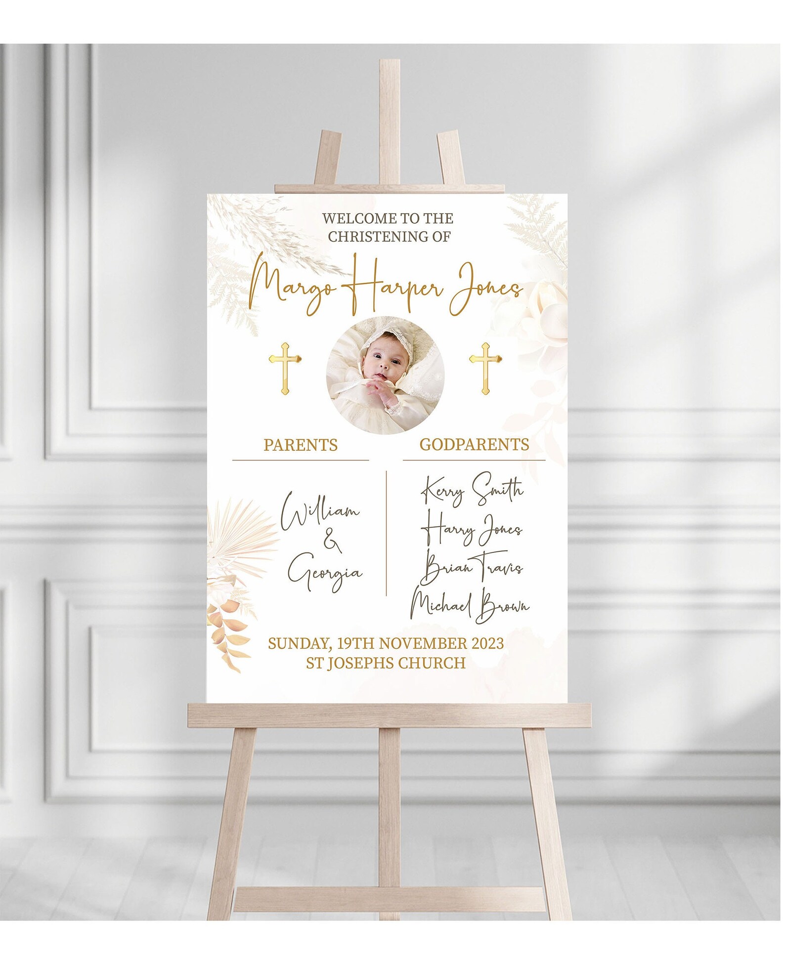 Personalised Pampas Boho Gold Style Christening Welcome Sign ...