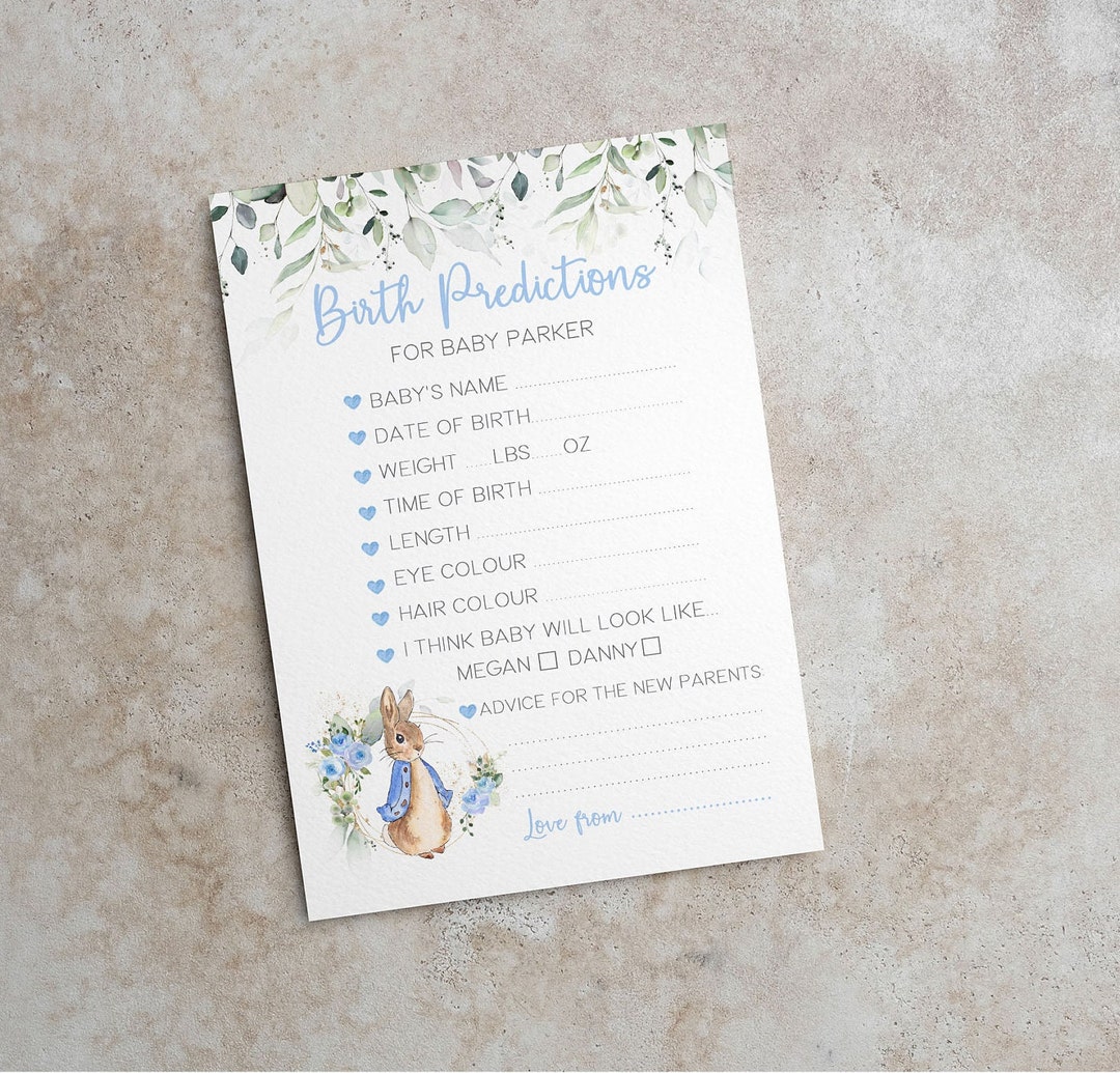 Peter Rabbit Birth Prediction Cards Boys Baby Shower Games Baby Shower ...
