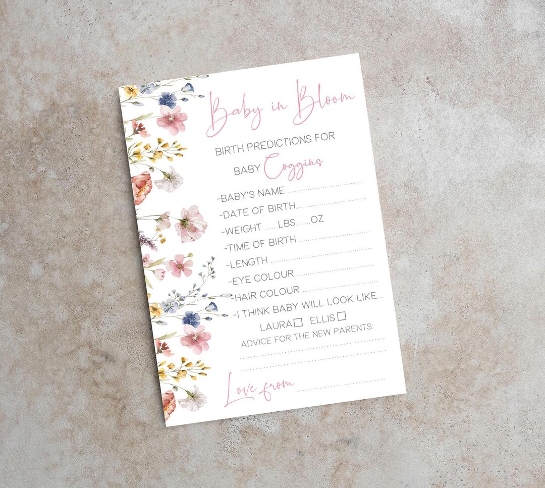 Baby in Bloom Birth Prediction Cards | Girls Baby Shower Games | Baby ...