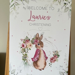 Flopsy Bunny Christening Welcome Sign | Personalised Pink Peter Rabbit ...