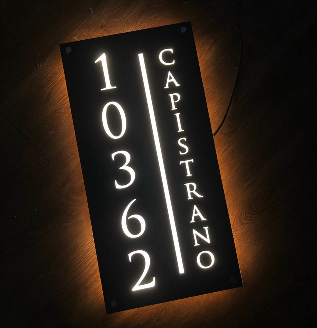 Custom Illuminated LED House Sign Modern , LED House Number, Vertical ...