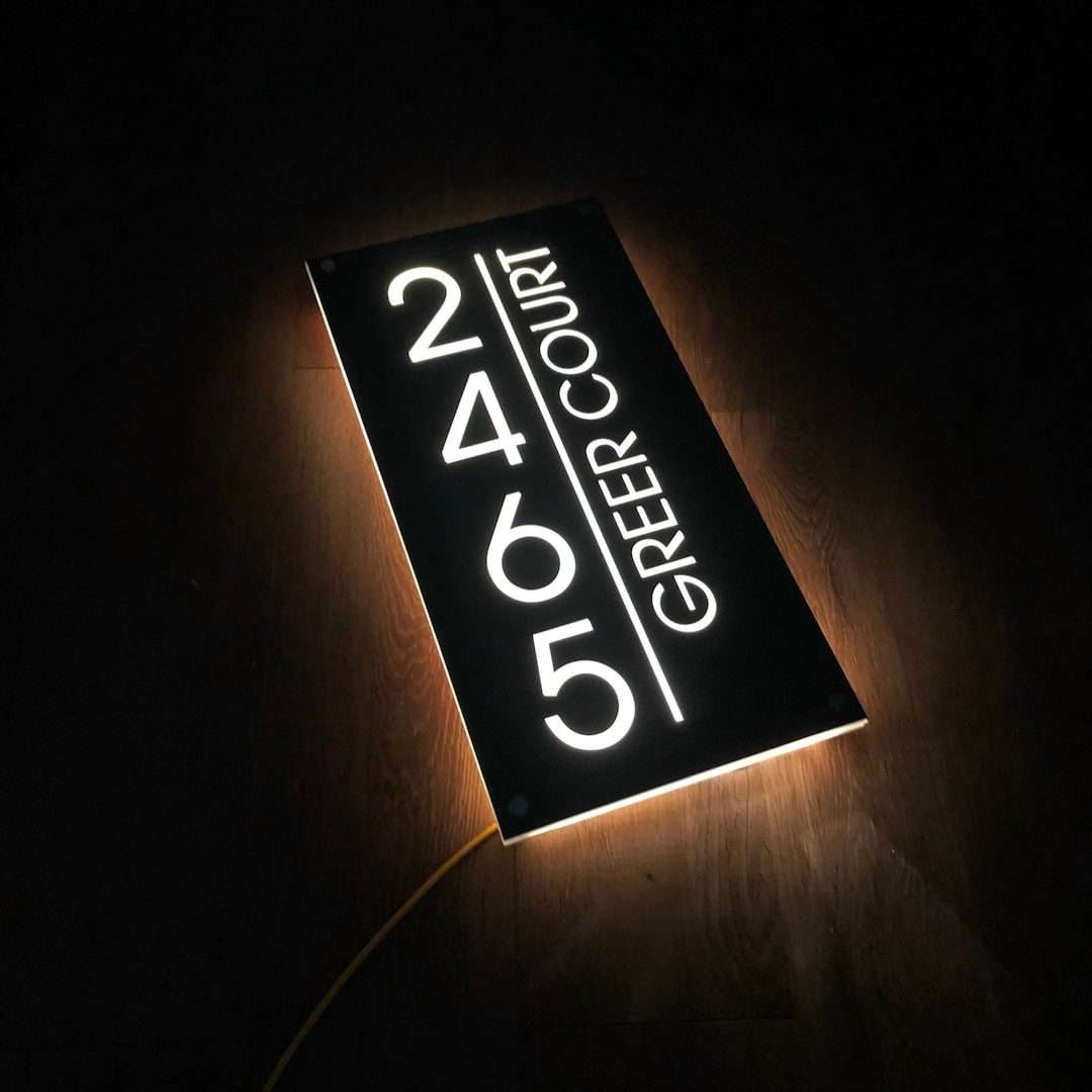 Custom Illuminated LED House Sign Modern , LED House Number, Vertical ...