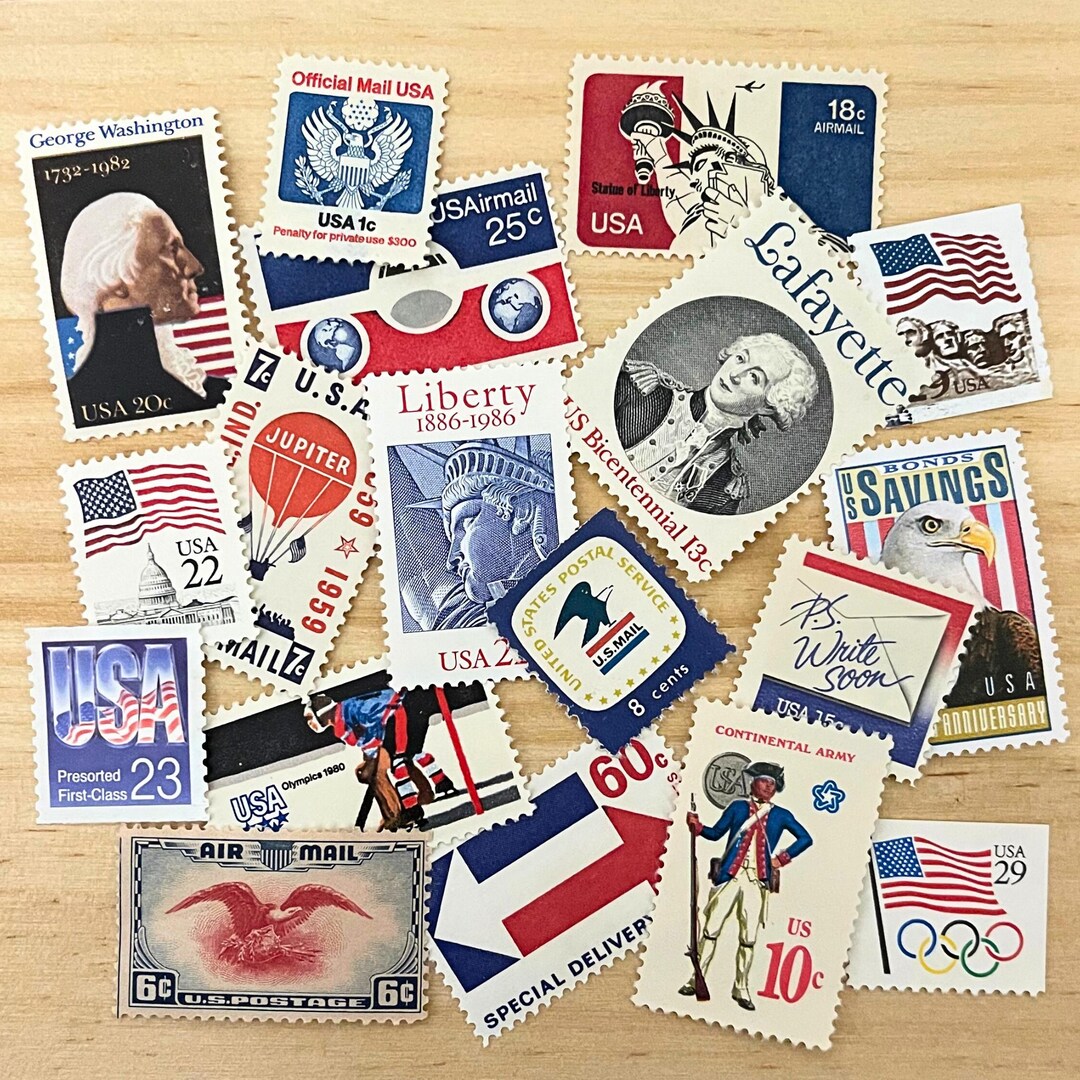 Vintage Curated US Postage Stamp Bundle in Shades of Red White and Blue ...