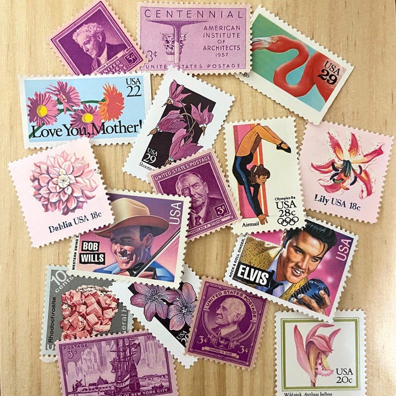 Vintage Curated US Unused Postage Stamp Bundle in Shades of Pink and ...