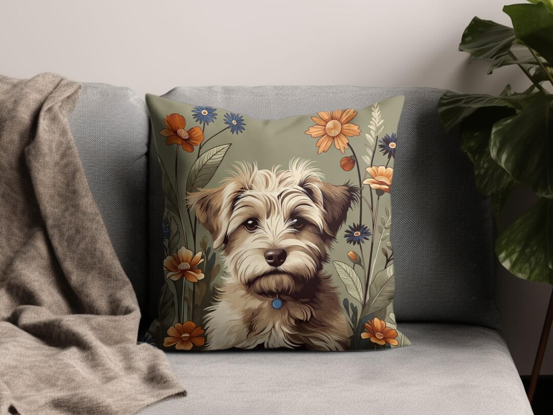 Schnauzer Dog Pillow, Cute Puppy Art Print Pillow, Floral Dog Decor ...