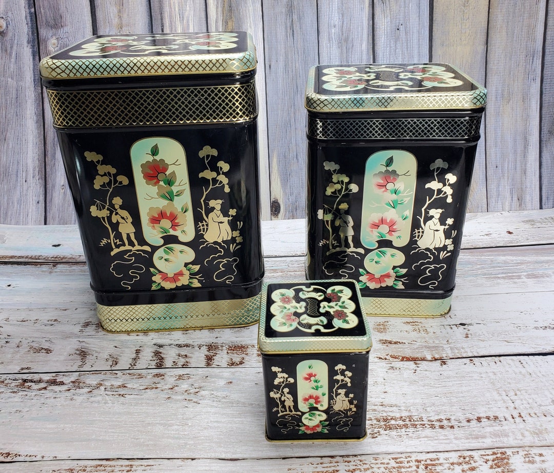 Set of 3 Mid Century Daher Japanese Motif Hinged Tins | Made in England ...