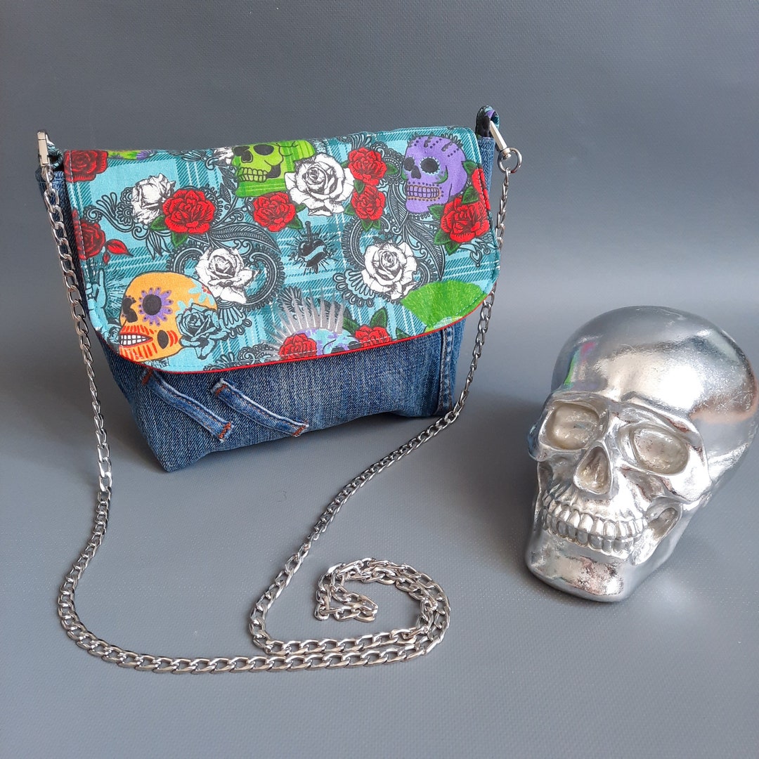 Punk Rock Handbag in Recycled Jeans With Lots of Pockets and a Metal ...