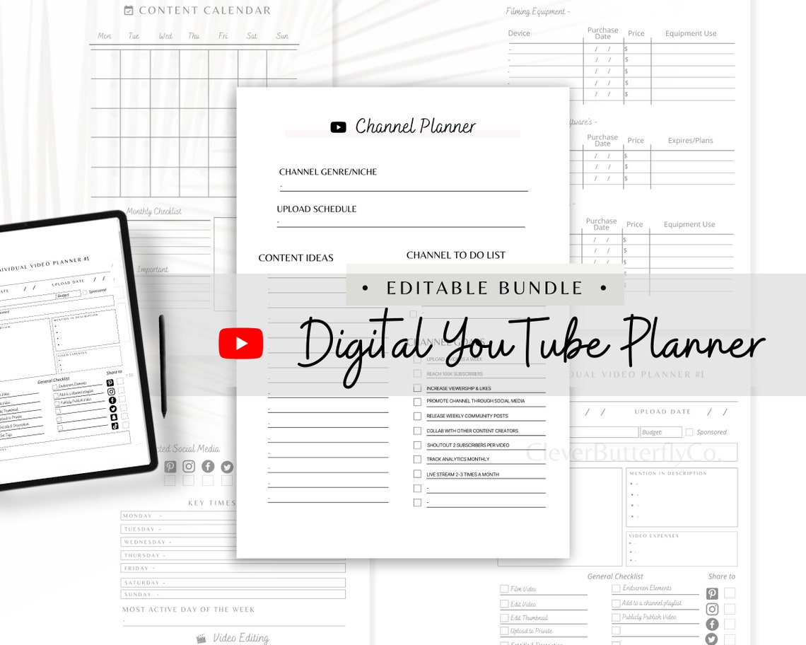 Youtube Planner L Content & Video Planner EDITABLE BUNDLE - Etsy