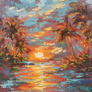 Sunset Painting Florida Original Art Chunky Wall Art Tropical Beach ...