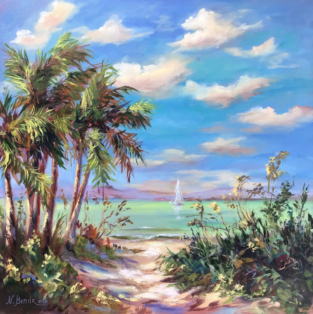 Beach Painting Palm Trees Original Art Nautical Wall Art Seascape ...