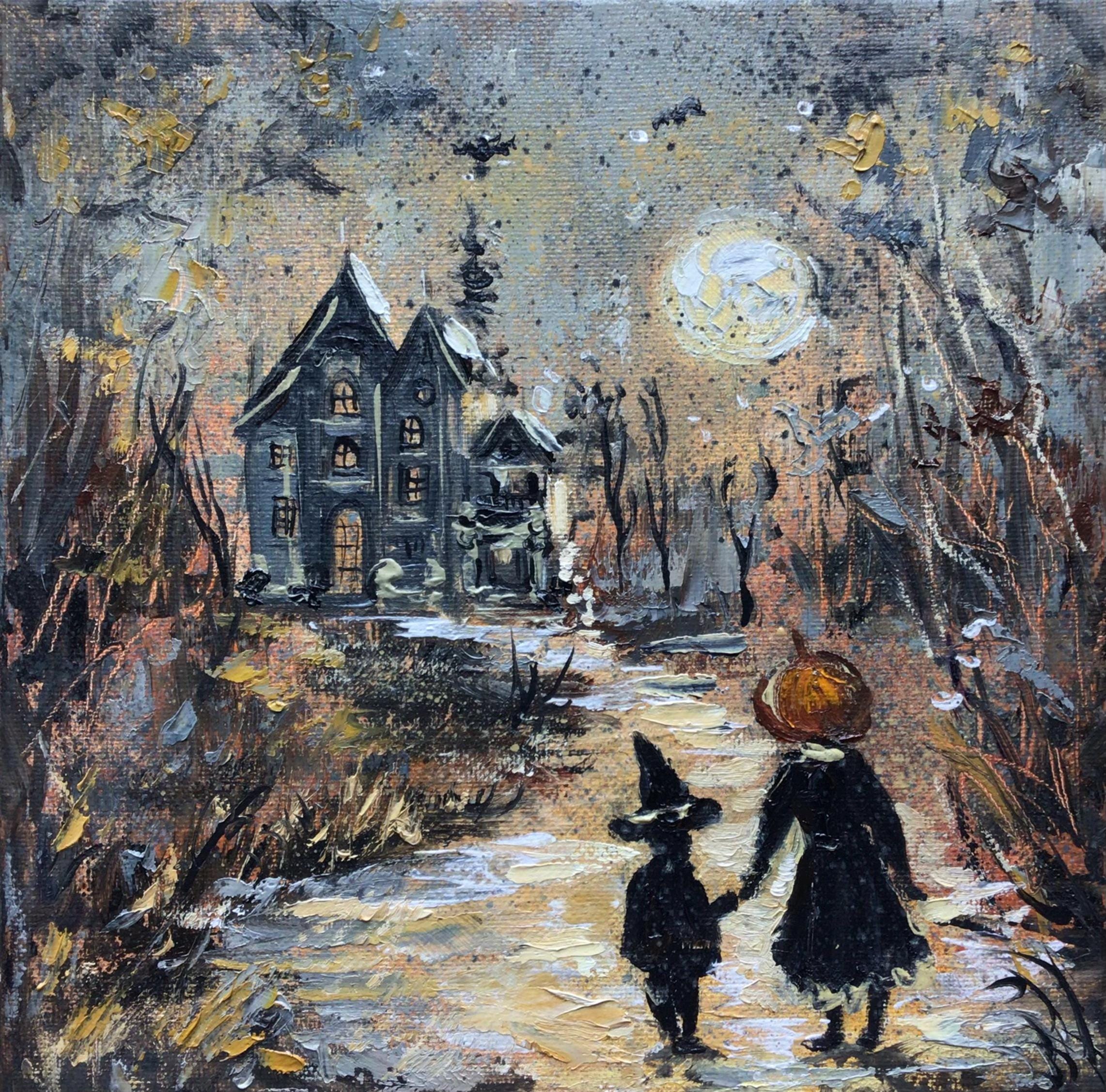 Haunted Mansion Oil Painting: Halloween Ghost Art, 8x8 Original Canvas ...