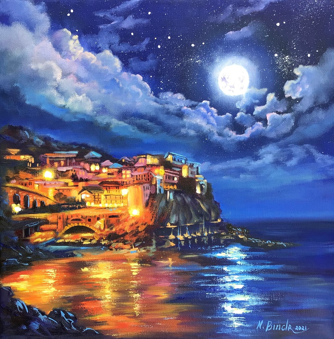 Mediterranean Painting Moon Original Art Night Seascape Art Moonlight ...