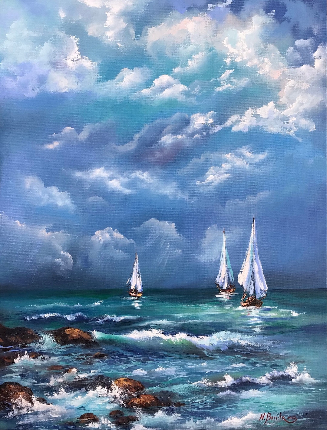 New England Seascape Oil Painting: Sailboats Original Artwork on Canvas ...
