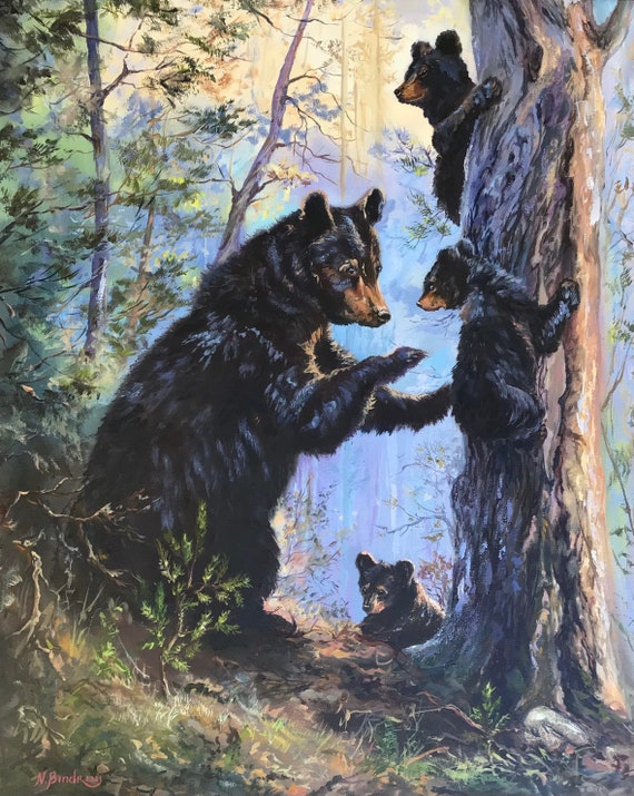 Original Oil Painting Black Bears Original Art Forest Painting | Etsy