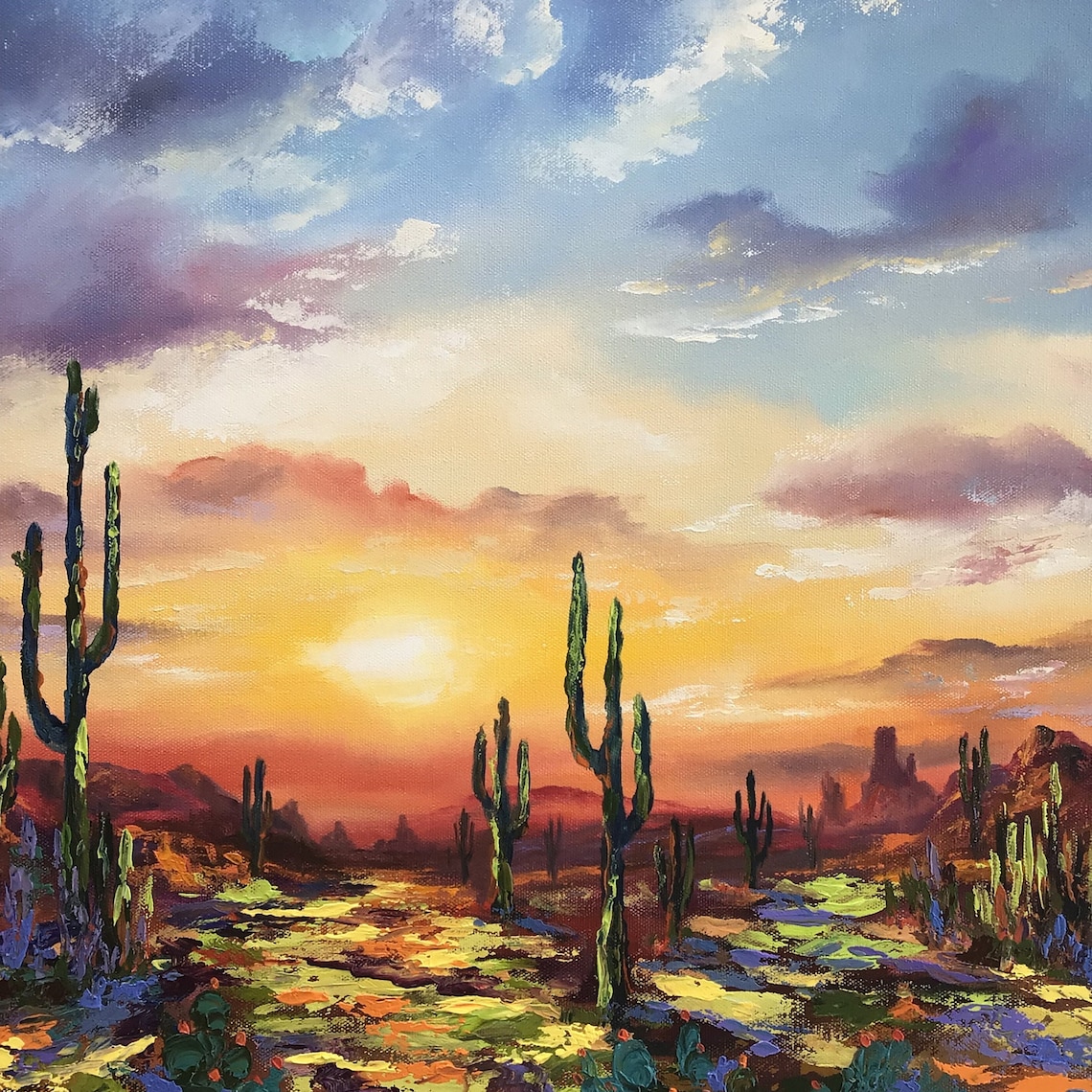 Sonoran Desert Cactus Painting: Arizona Sunset Landscape, Oil Impasto ...