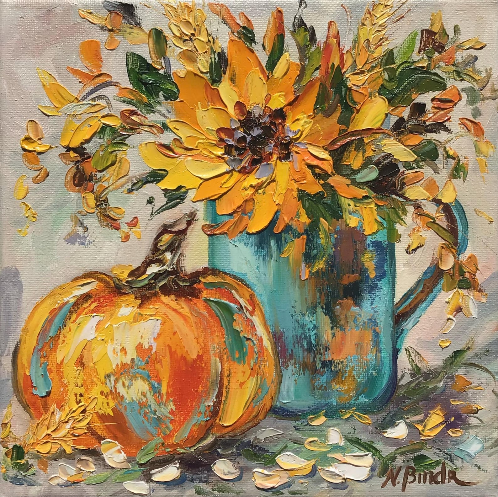 Pumpkin Sunflower Painting: Original Autumn Harvest Oil Artwork(8x8) - Etsy