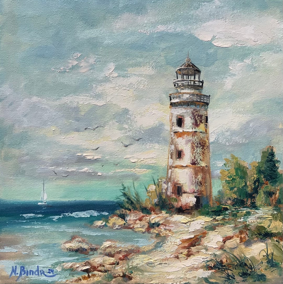Lighthouse Painting Ocean Original Art Beach Wall Art Nautical Painting ...
