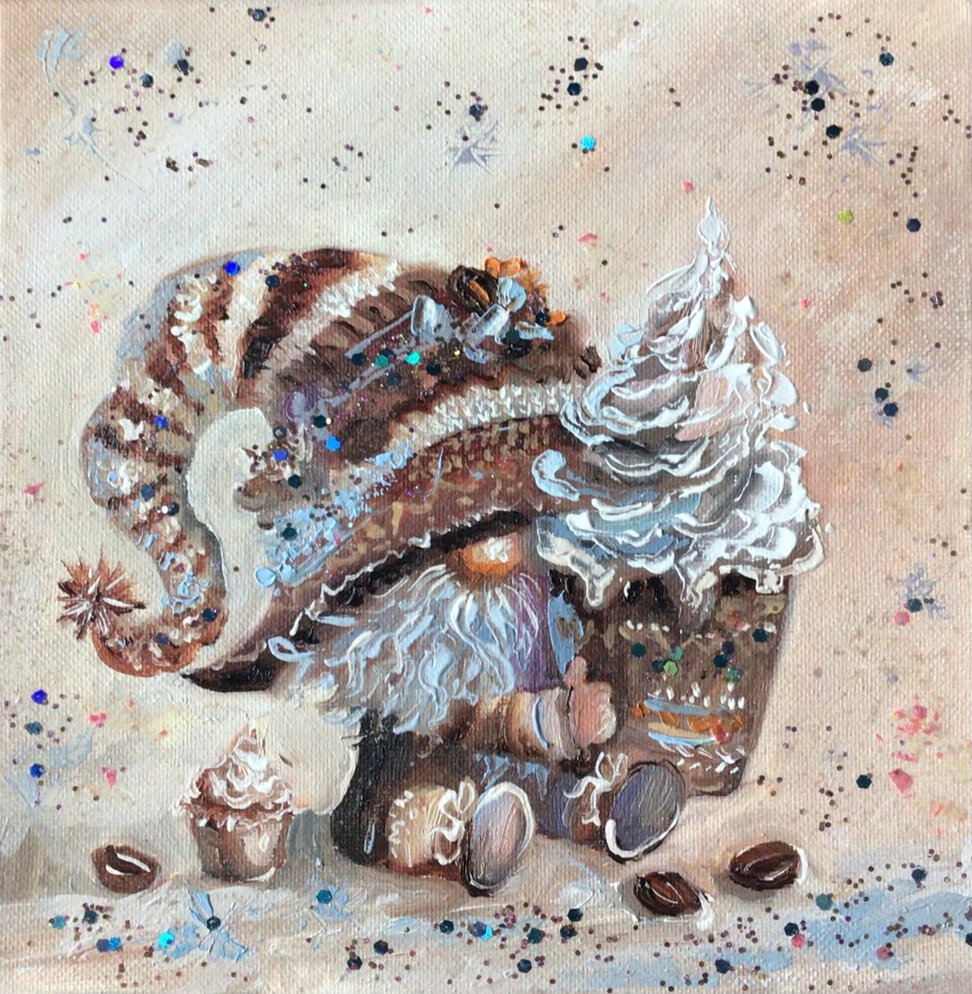 Cappuccino Elf Oil Painting: Hazelnut Gnome Original Fall Art, 8x8 - Etsy