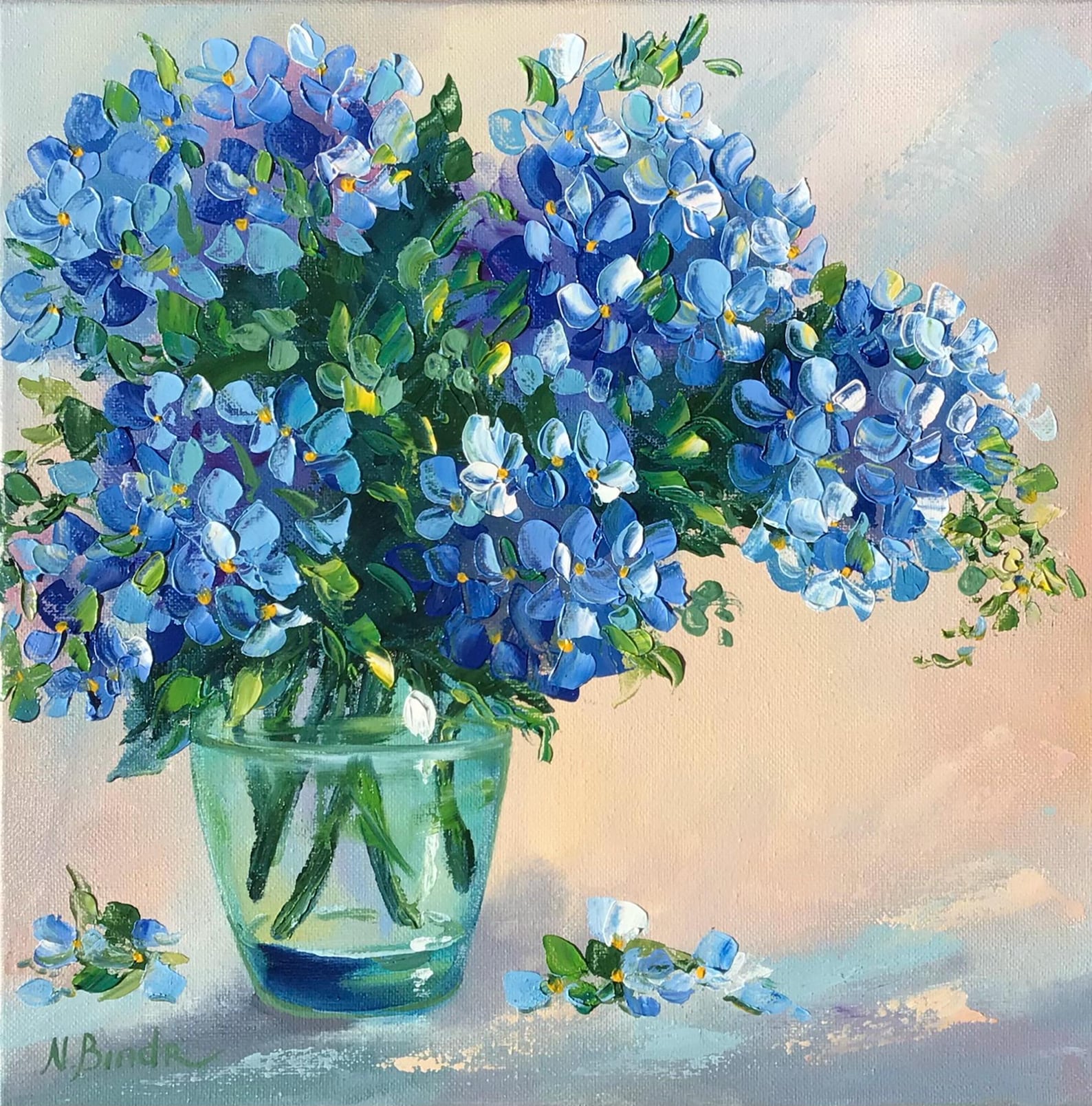 Blue Hydrangeas Oil Painting: Original Floral Impasto Art, 12x12 on ...