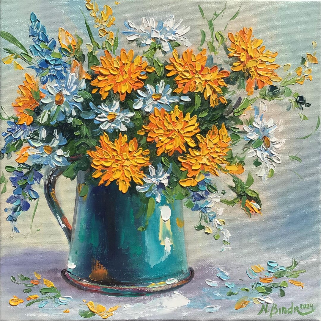 Dandelion & Daisy Painting: Original Floral Oil Artwork on Canvas ...
