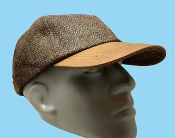 Genuine Harris Tweed Baseball Cap Real Leather Peak Adjustable Strap ...