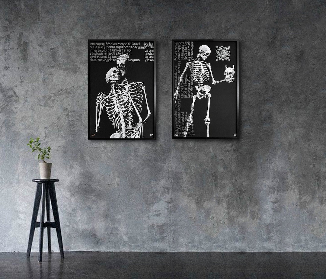 Skeleton Art Print Set: Surreal Linocut Mixed Media (36x24) - Etsy UK