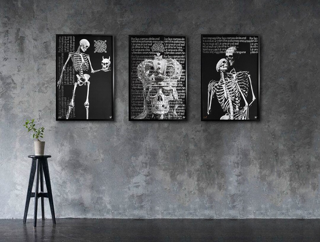 Skeleton Art Print Set: Silver Linocut, Dark Surrealist Home Decor - Etsy