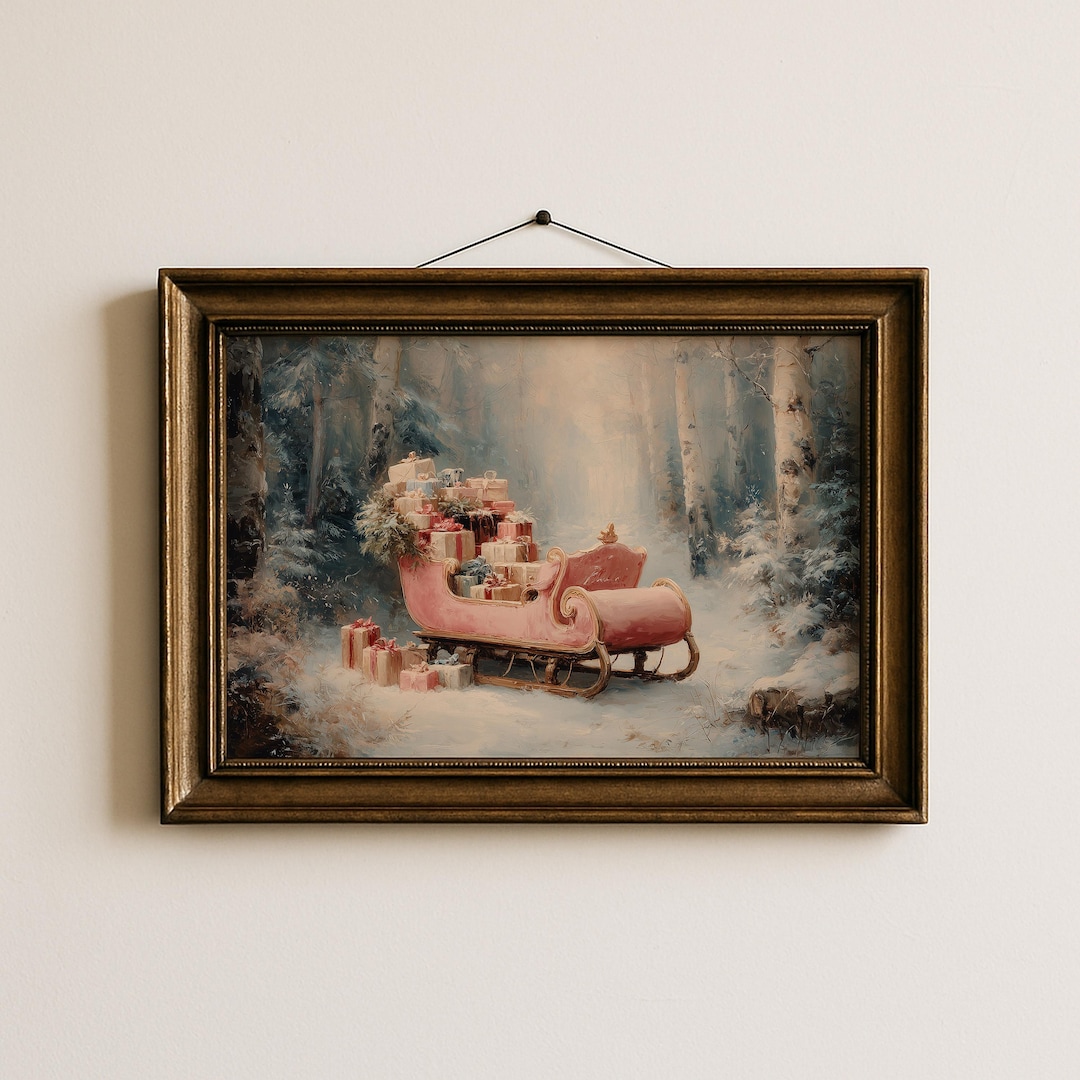 Pink Christmas Sleigh Wall Art: Vintage Winter Print Elegant Pastel ...