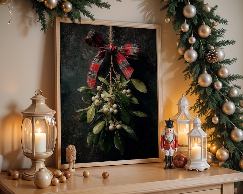 Mistletoe Wall Art Print: Tartan Bow, Dark Academia Christmas (digital ...