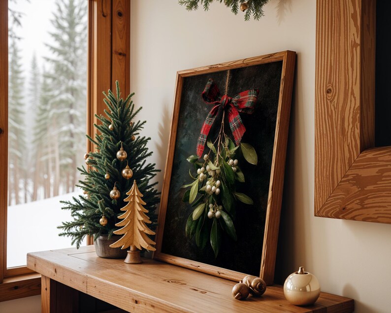 Mistletoe Wall Art Print: Tartan Bow, Dark Academia Christmas (digital ...