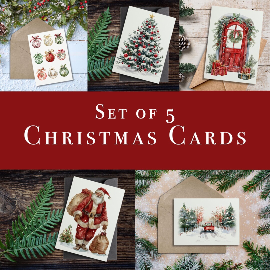Classic Christmas Card Printable Set of 5, Holiday Greeting Card ...