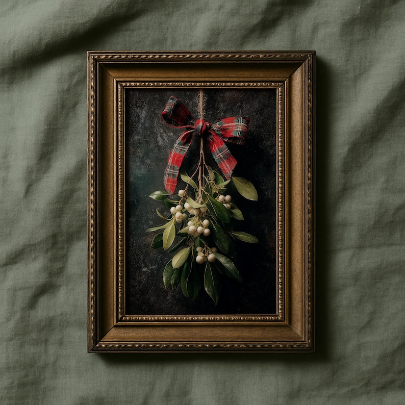 Mistletoe Wall Art Print: Tartan Bow, Dark Academia Christmas (digital ...